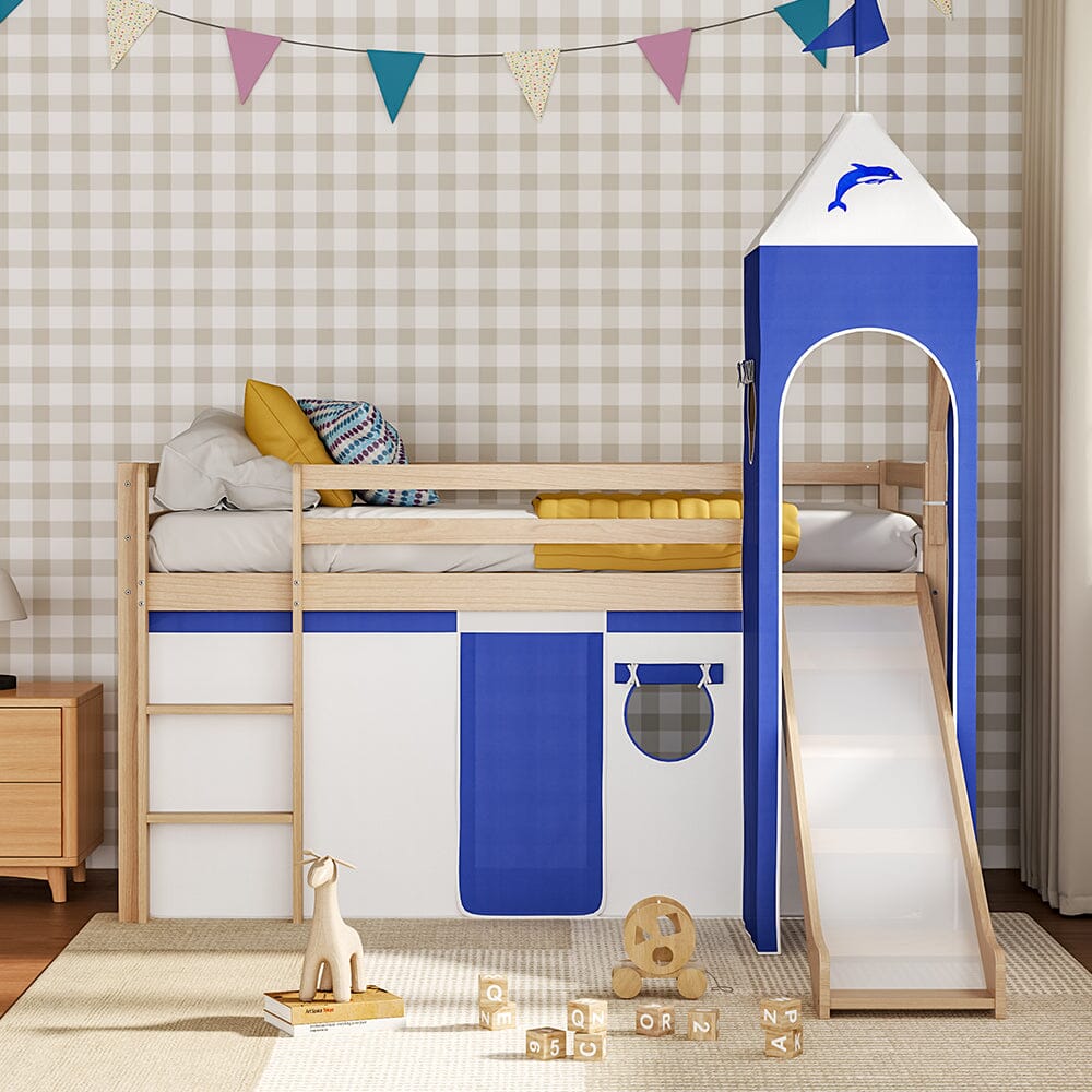 7ft Pine Wood Castle Loft Bed Children Low Bed Frame with Slide and Te ...